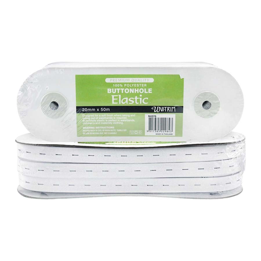 UNI TRIM ELASTIC BUTTON HOLE 20MM X 50M WHITE » Birch Wholesale